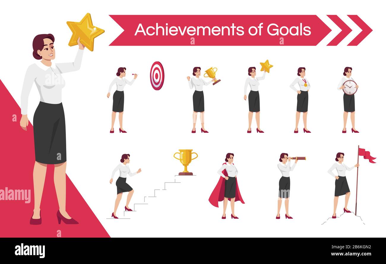 Successful woman flat vector illustrations set. Female office worker ...