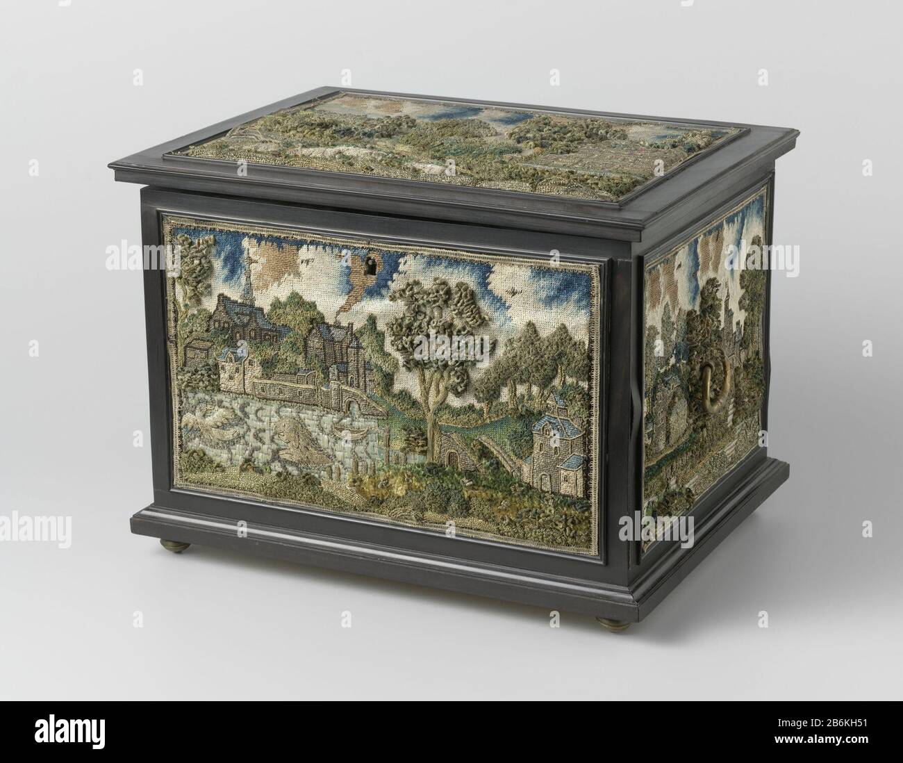 Ebony veneered, rectangular box with stumpwork embroidery on the cover ...