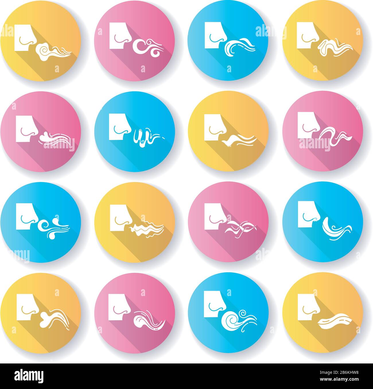Nose smelling scent flat design long shadow glyph icons set. Good and ...