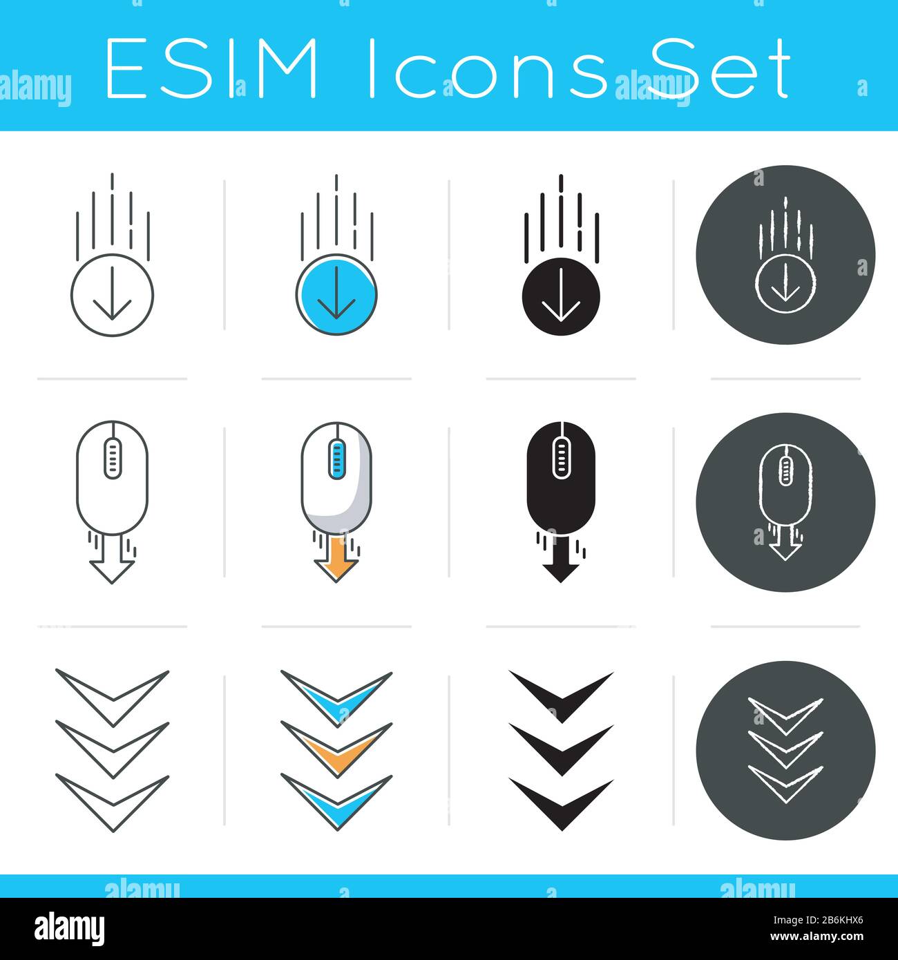 Scrolling down arrows icons set. Computer mouse and arrowheads in circles buttons. Internet page ...