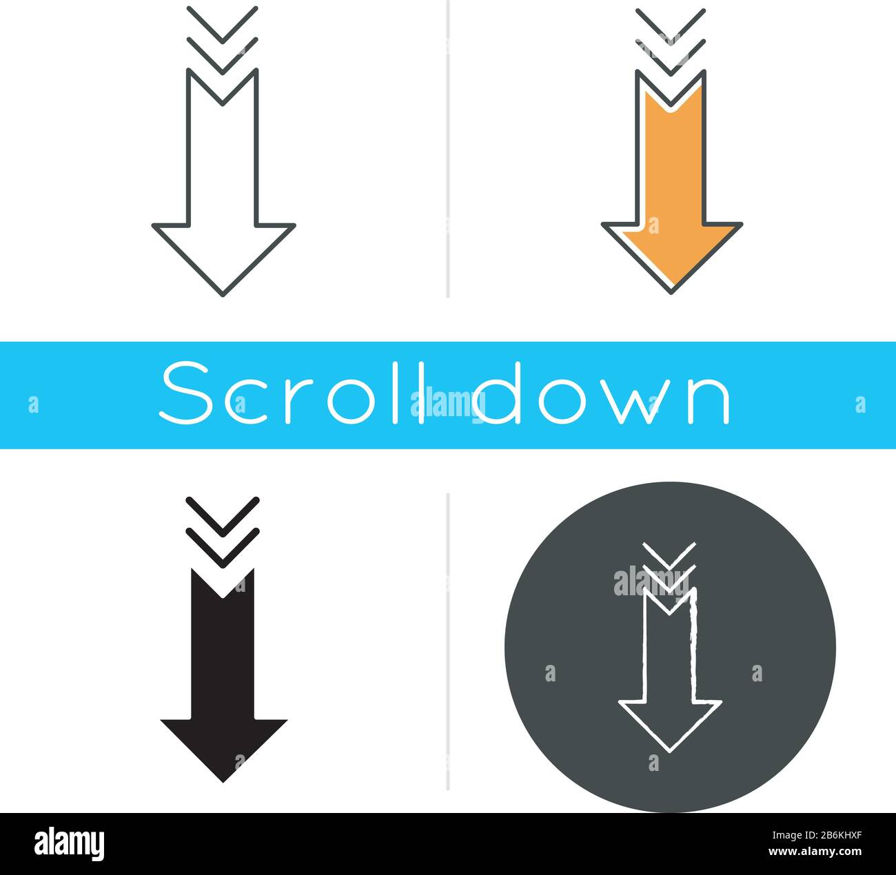 Down arrow icon. Scrolldown gesture, interface navigational button. Way direction indicator ...