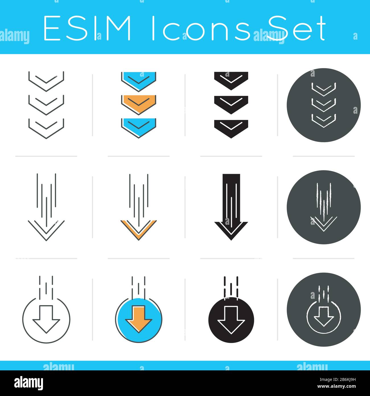 Scrolldown indicators icons set. Three arrowheads. Swipe down gesture ...