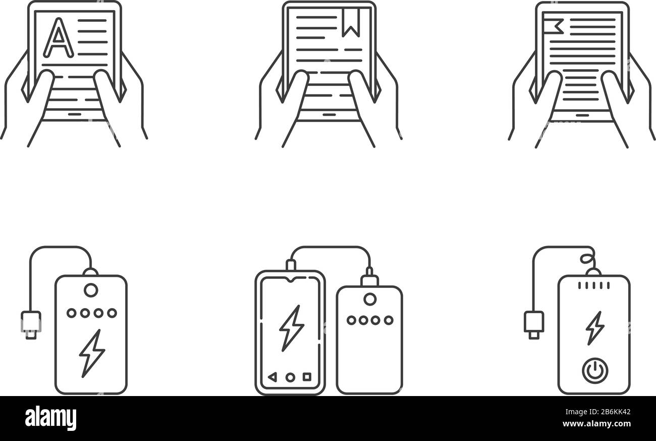 Portable electronic devices pixel perfect linear icons set. Portable power bank. Hands holding e ...
