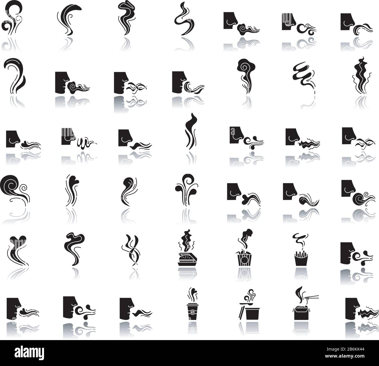 Odor drop shadow black glyph icons set. Hot food steam. Human nose ...