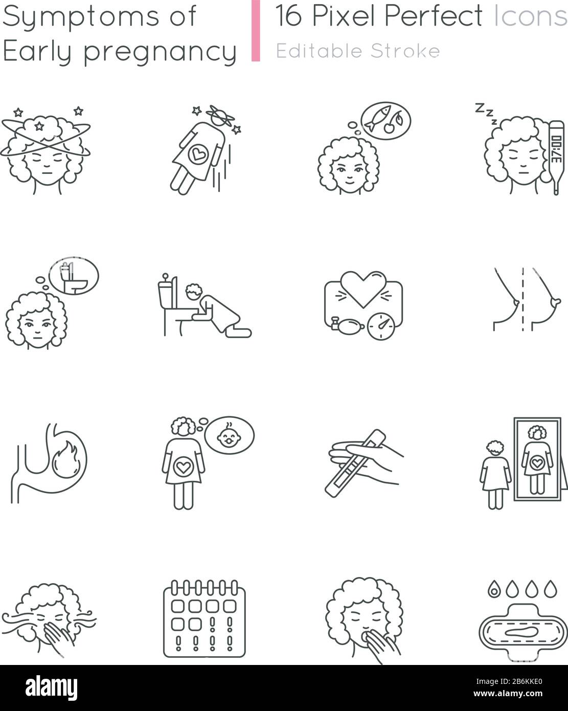 Early pregnancy symptom pixel perfect linear icons set. Family planning ...