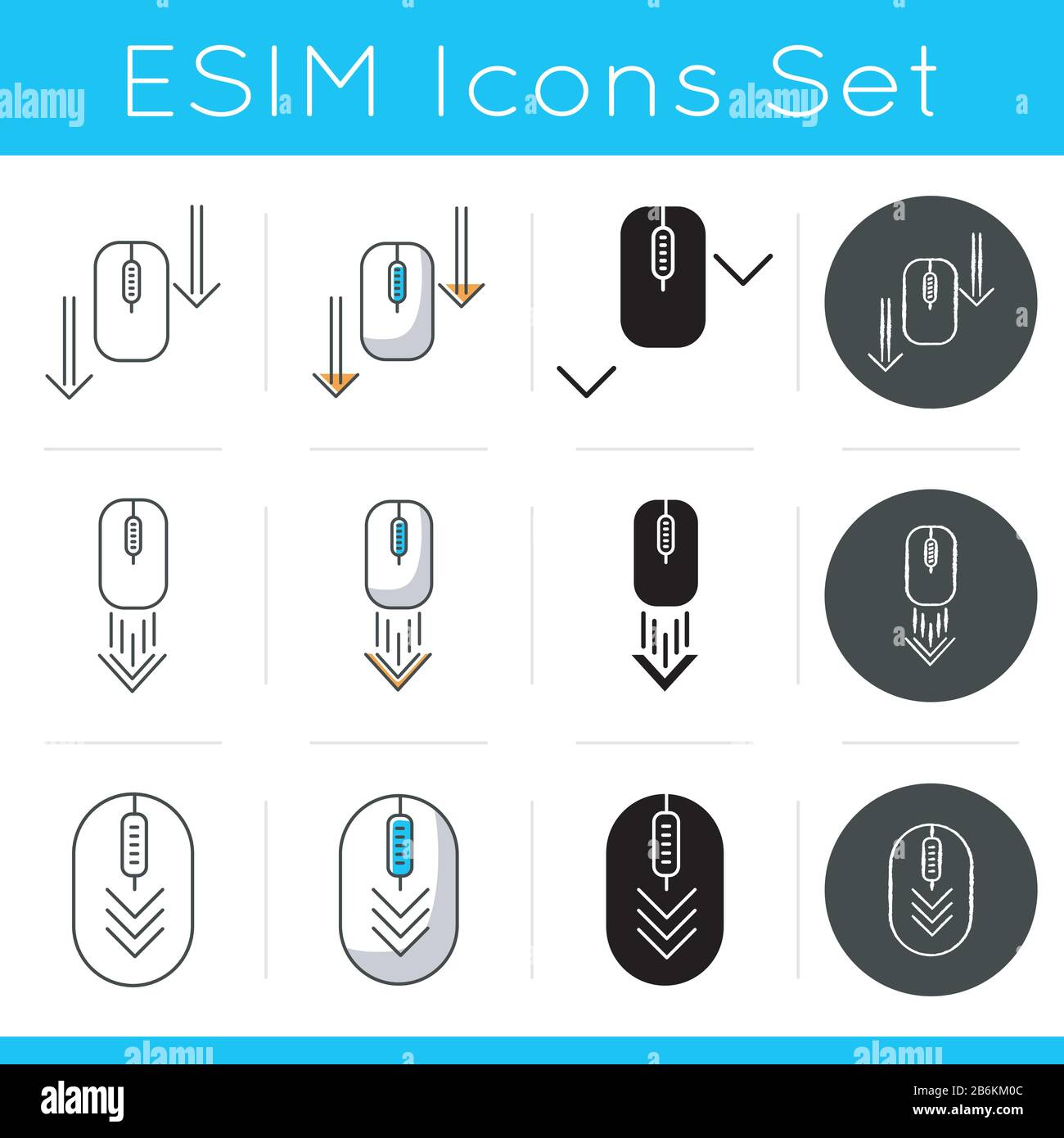 Computer mouse and arrowheads icons set. Scrolling down and uploading indicators. PC mouse ...