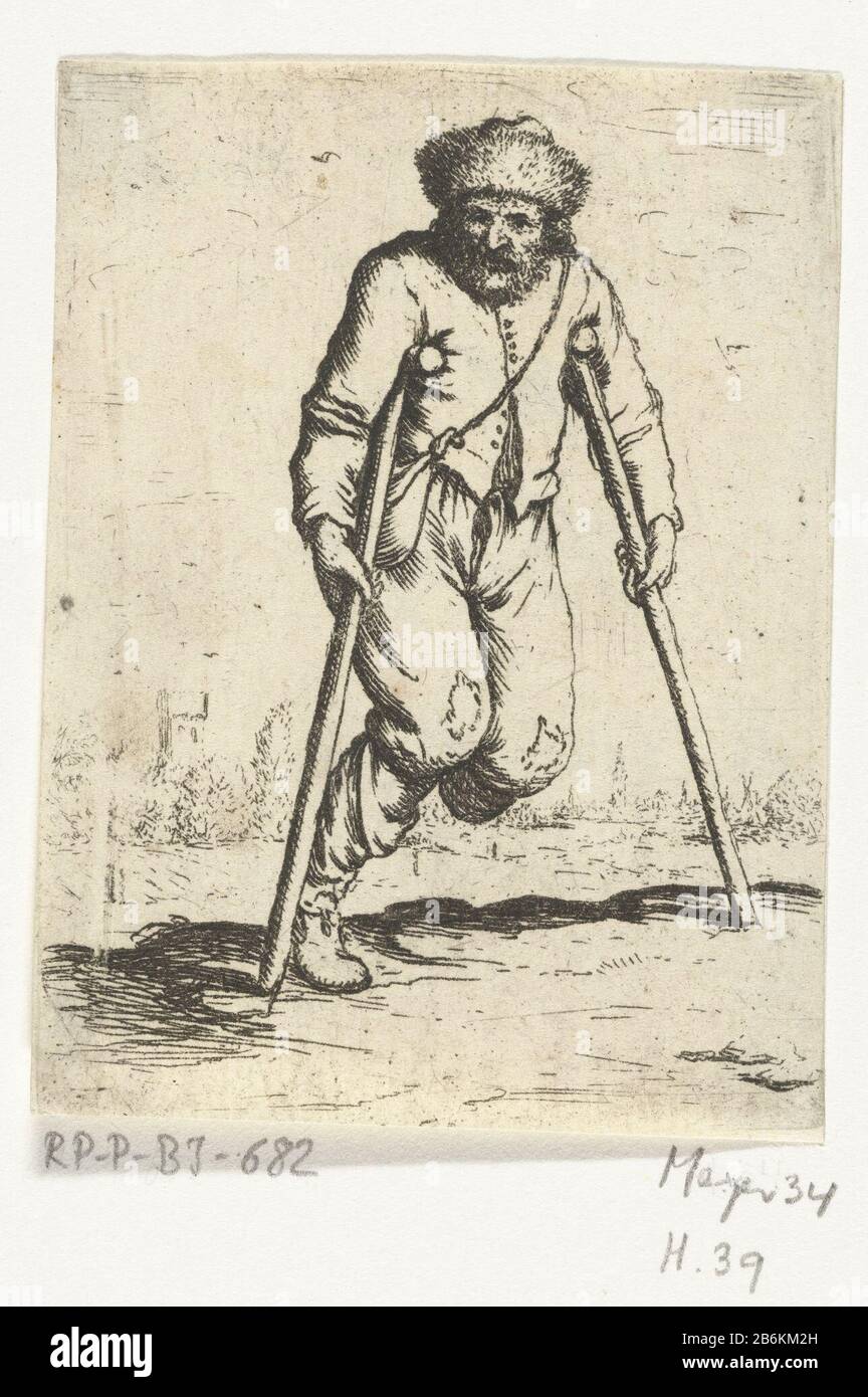 A crippled man on crutches A man with amputated leg walking on crutches ...