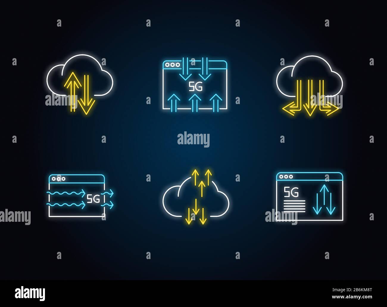 5G technology neon light icons set. Data transmission. Fast information ...