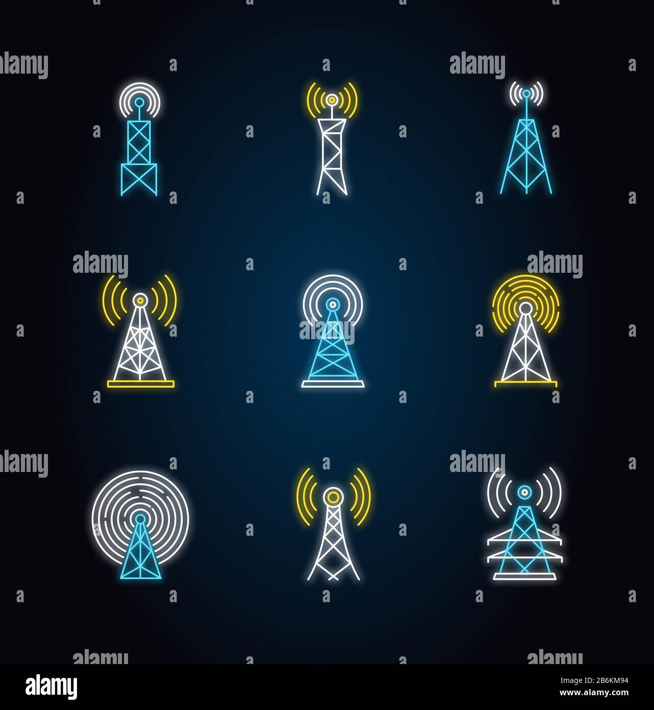 5G cell towers and antennas neon light icons set. Wireless technology ...