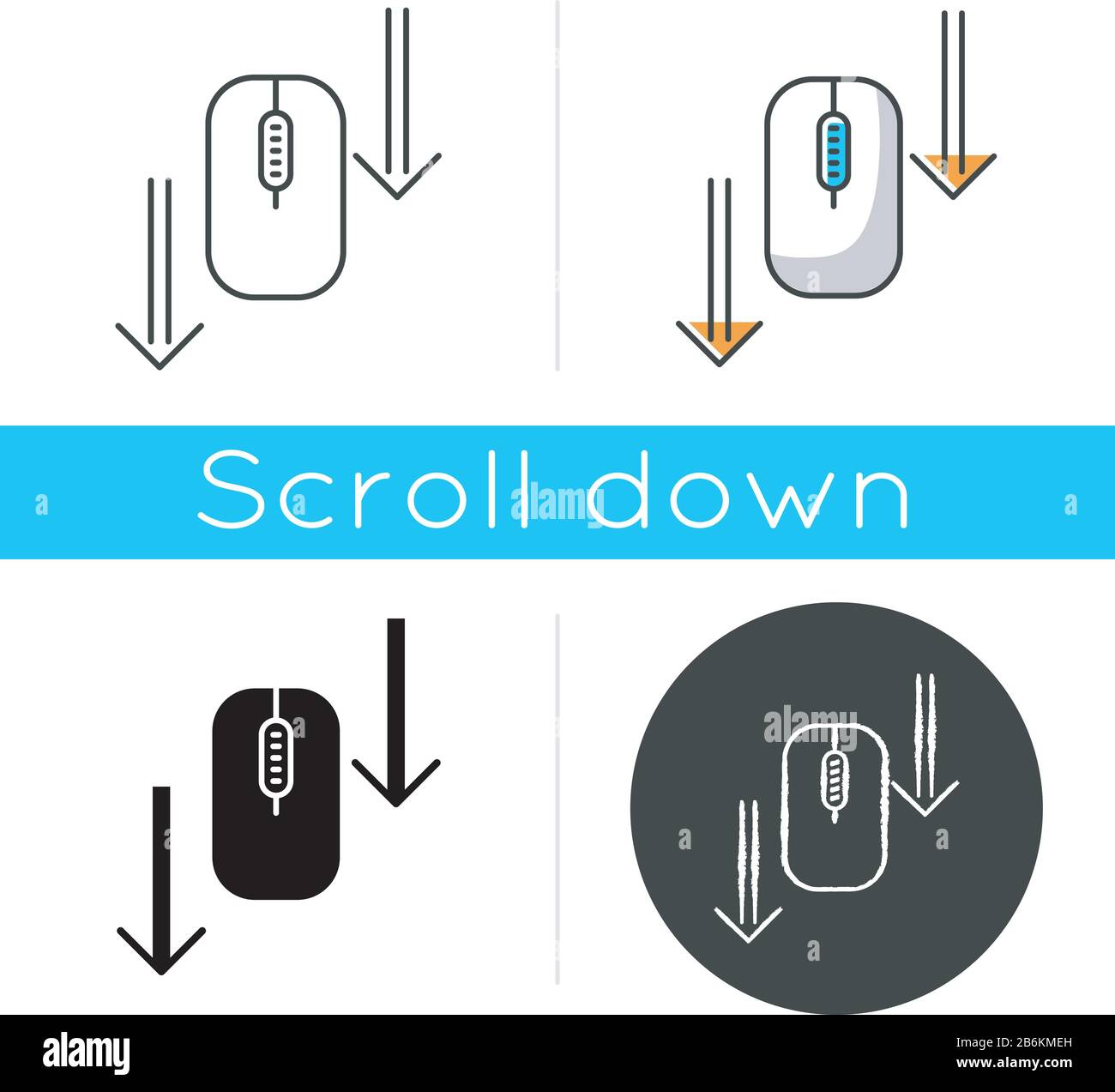 Scroll down mouse icon. Internet page browsing arrows. Scrolldown gesture indicator. Web cursor ...