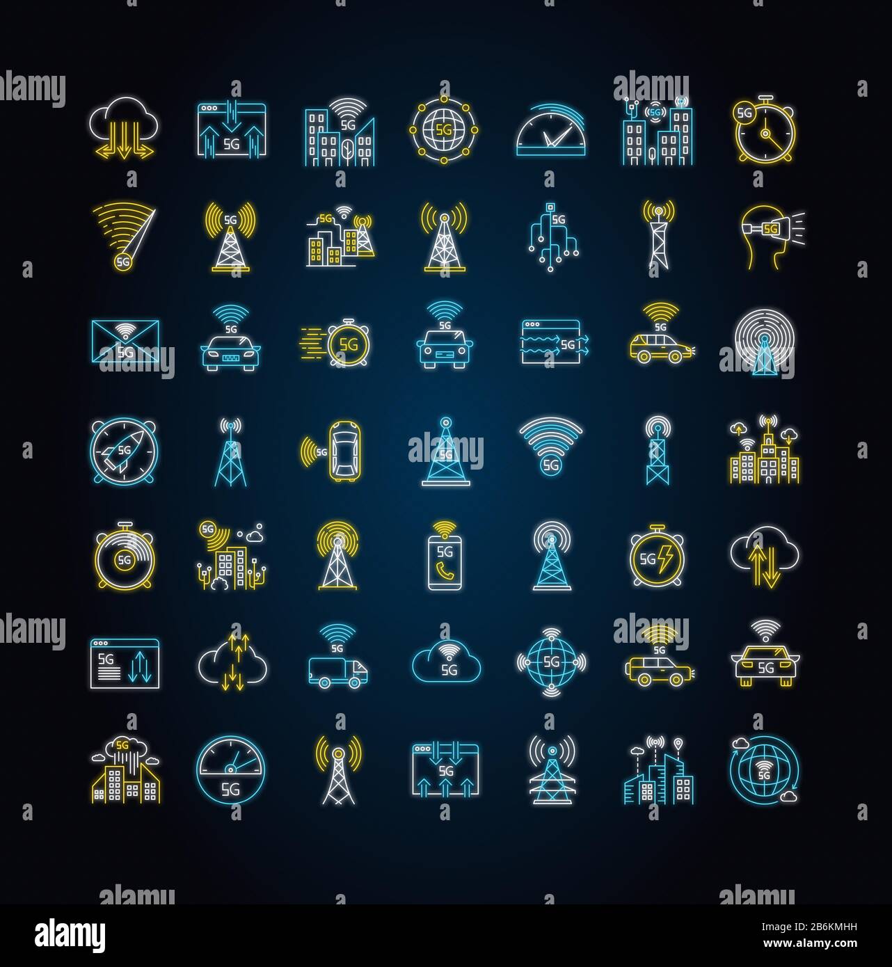 5G wireless technology neon light icons set. World standard. Improved ...