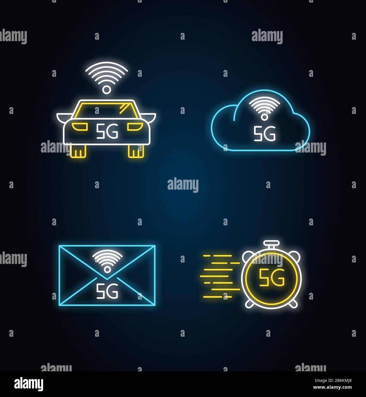 5G wireless technology neon light icons set. Smart vehicle. Fast speed ...
