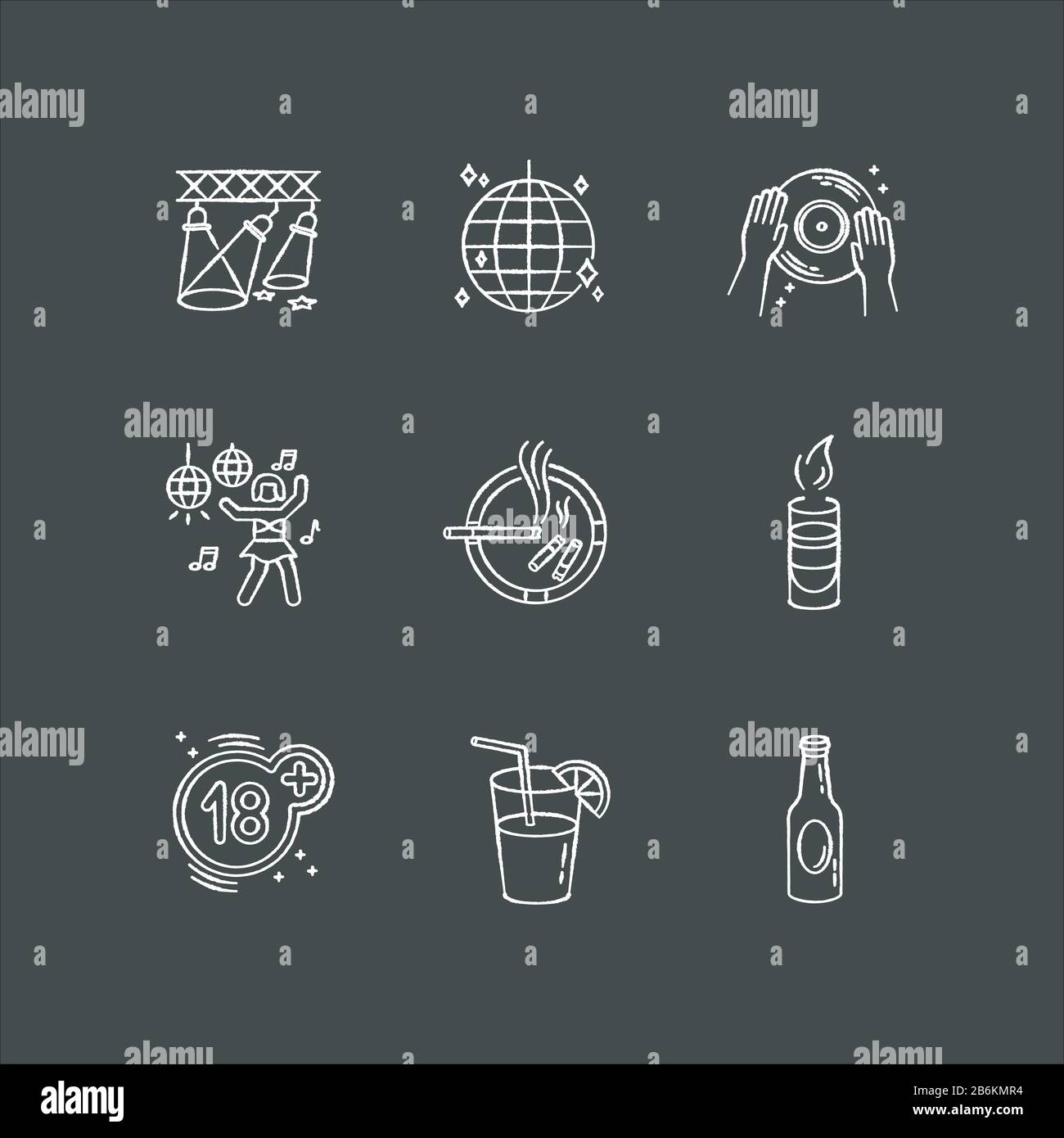 Night club leisure chalk white icons set on black background. Entertainment establishment ...