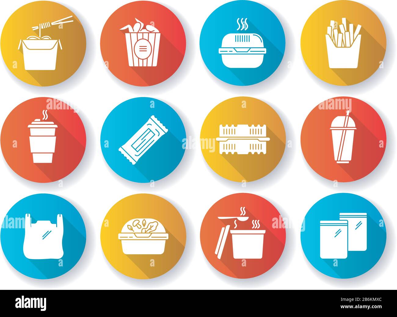 Takeaway food packages flat design long shadow glyph icons set. Take ...