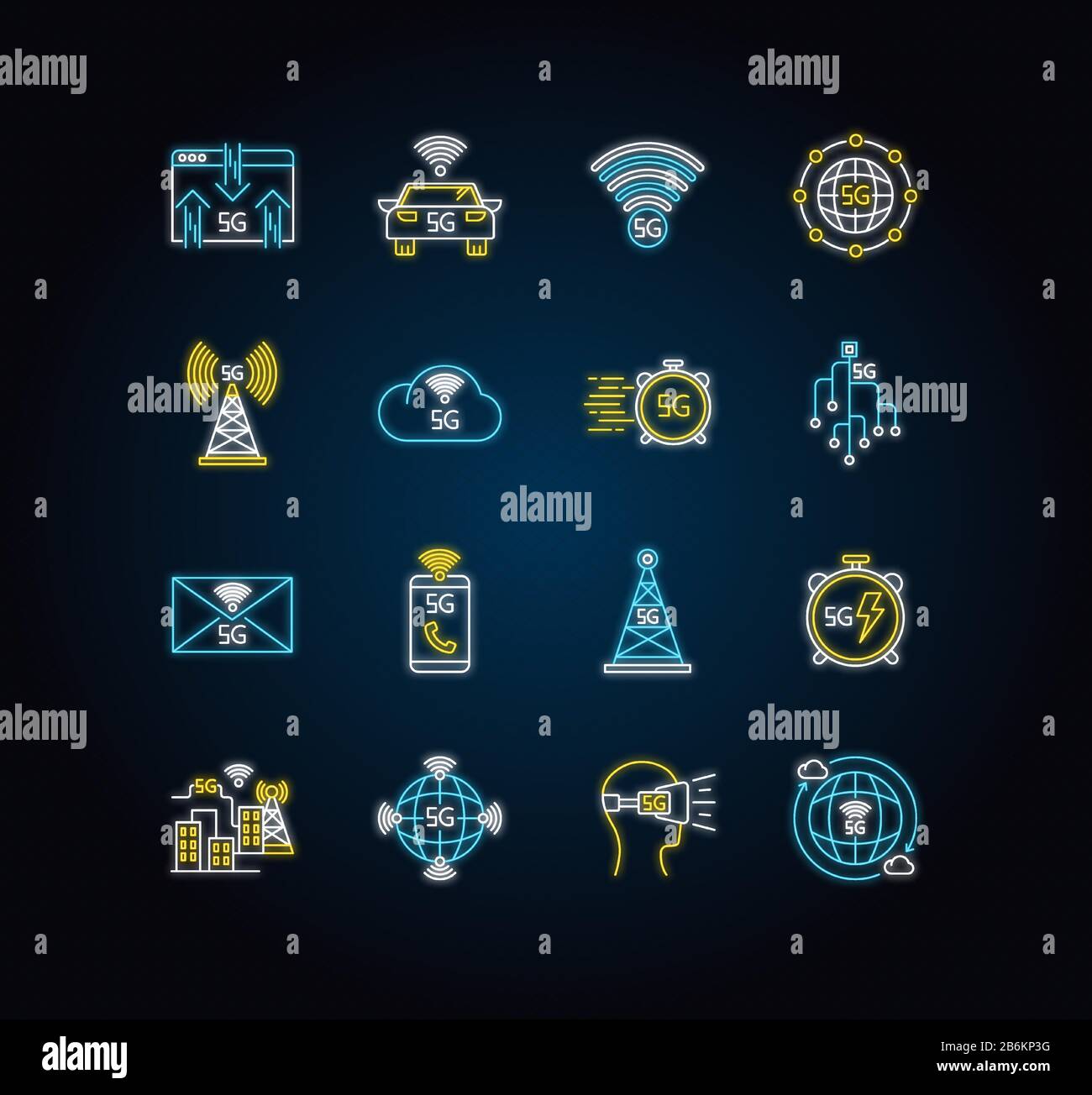 5G technology neon light icons set. Mobile network. Fast Internet ...