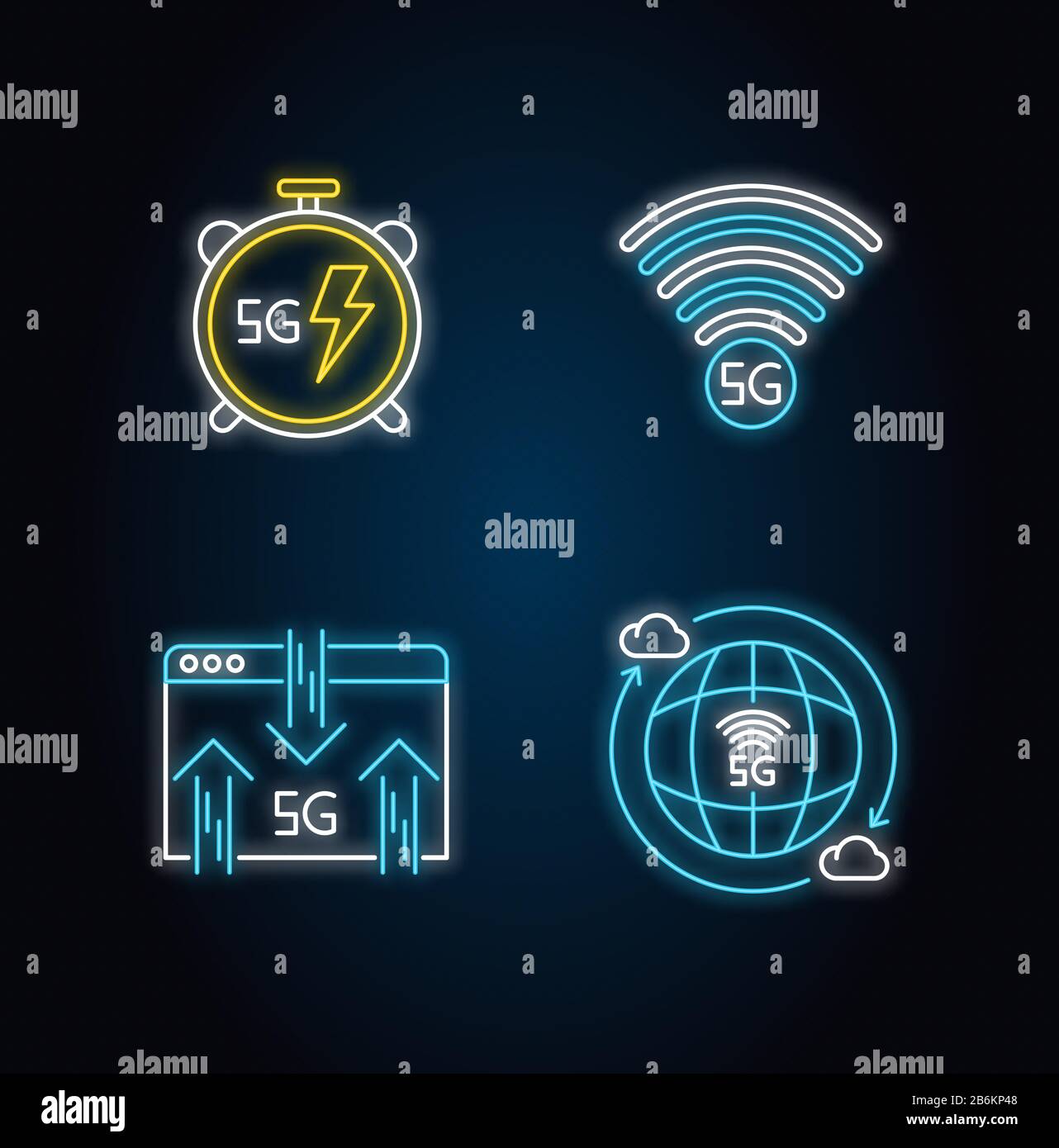 5G wireless technology neon light icons set. Low latency connection ...