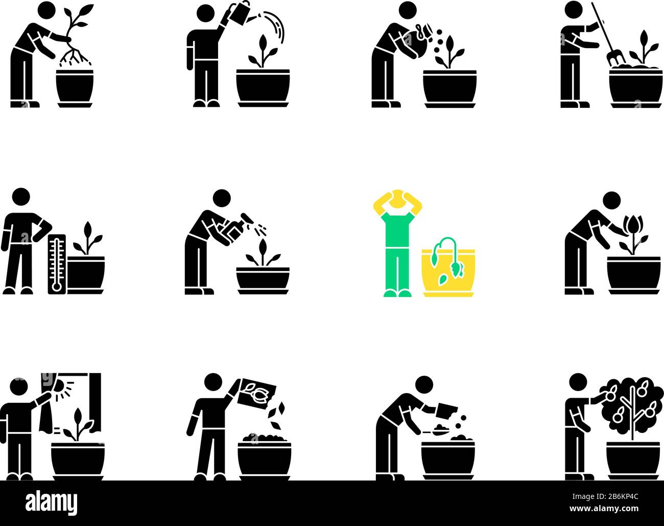 Houseplant care black glyph icons set on white space. Domestic plant ...