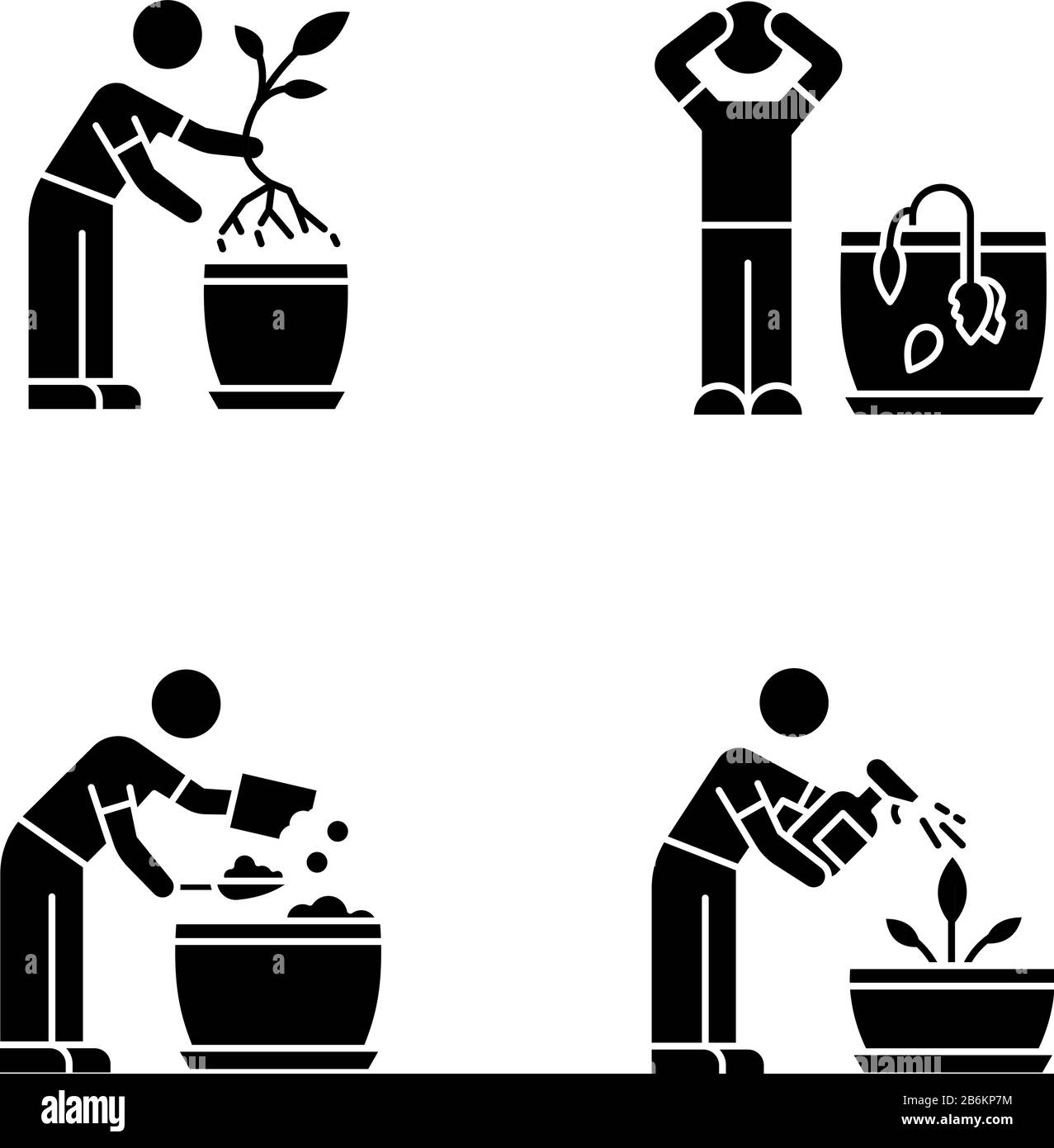 Indoor gardening stages black glyph icons set on white space. Plant ...