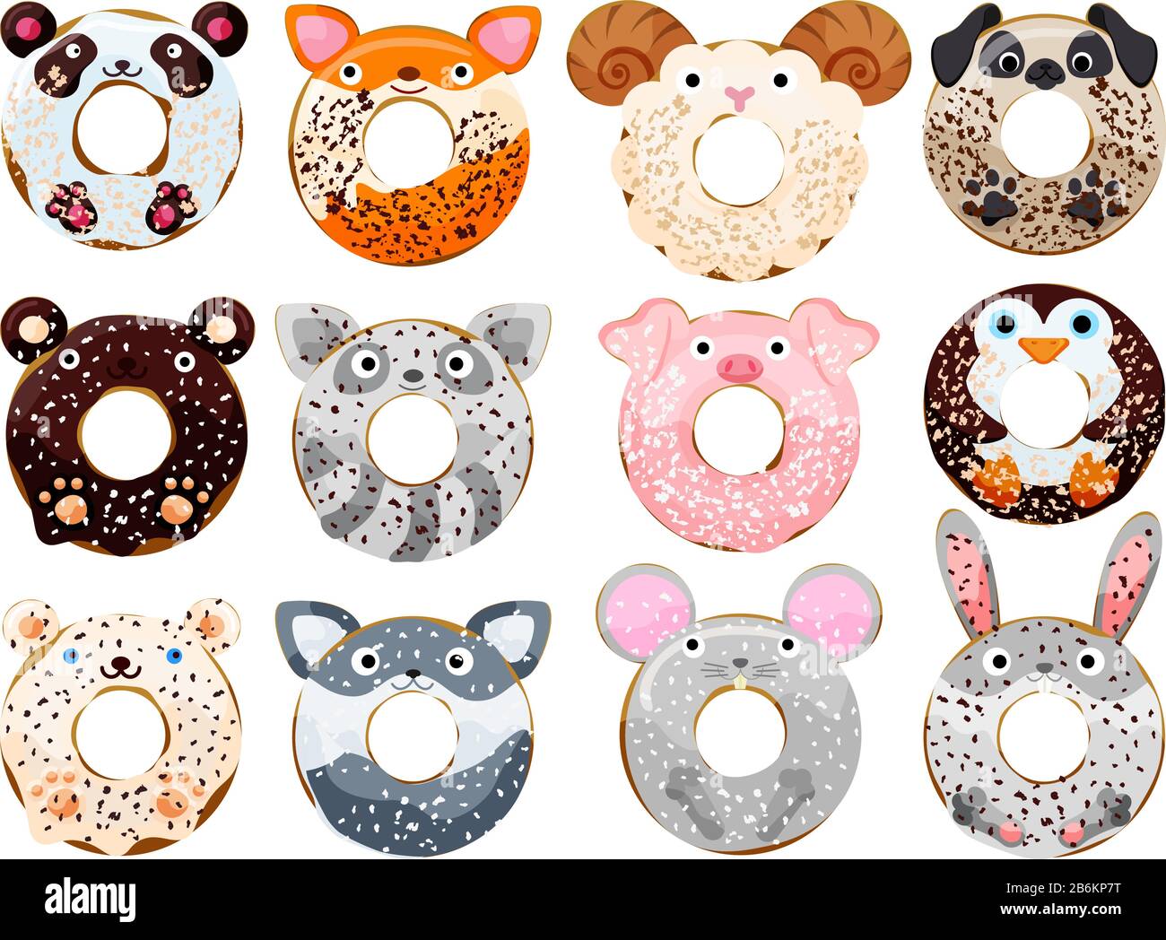 Cute powdered animals donuts set isolated on white vector illustration ...