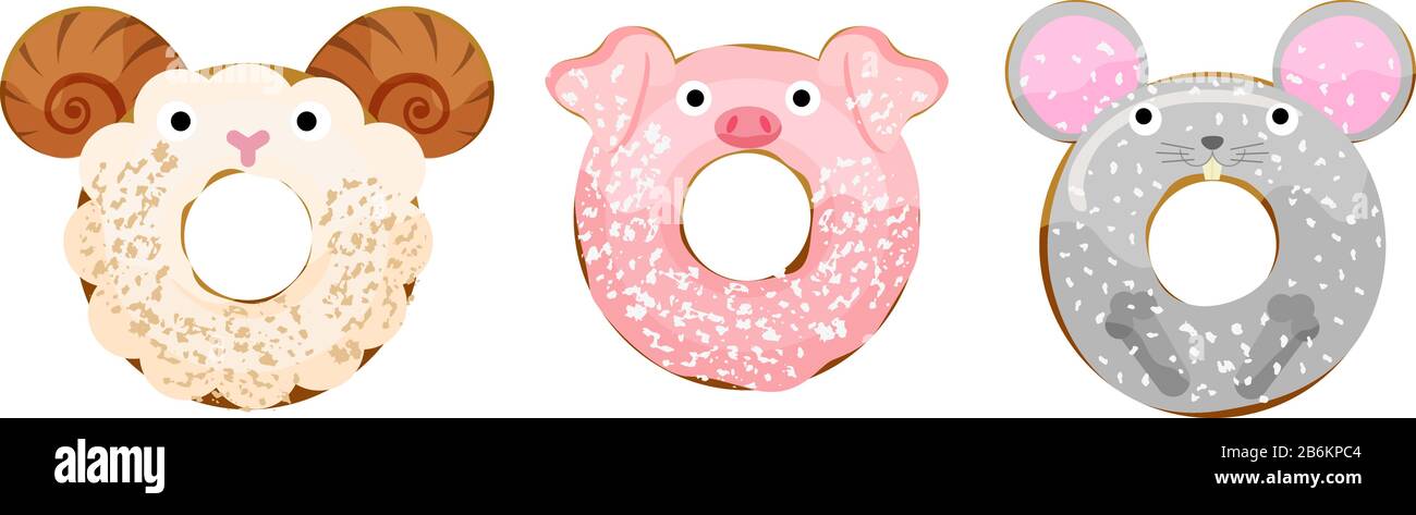 Cute powdered animals sheep, pig, mouse donuts set vector illustration ...