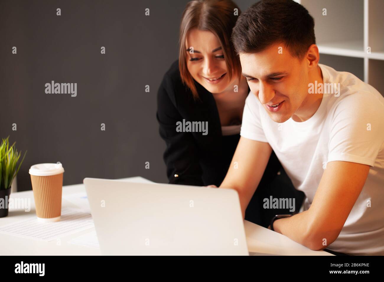 Happy successful business team, laugh and cheer their success Stock ...