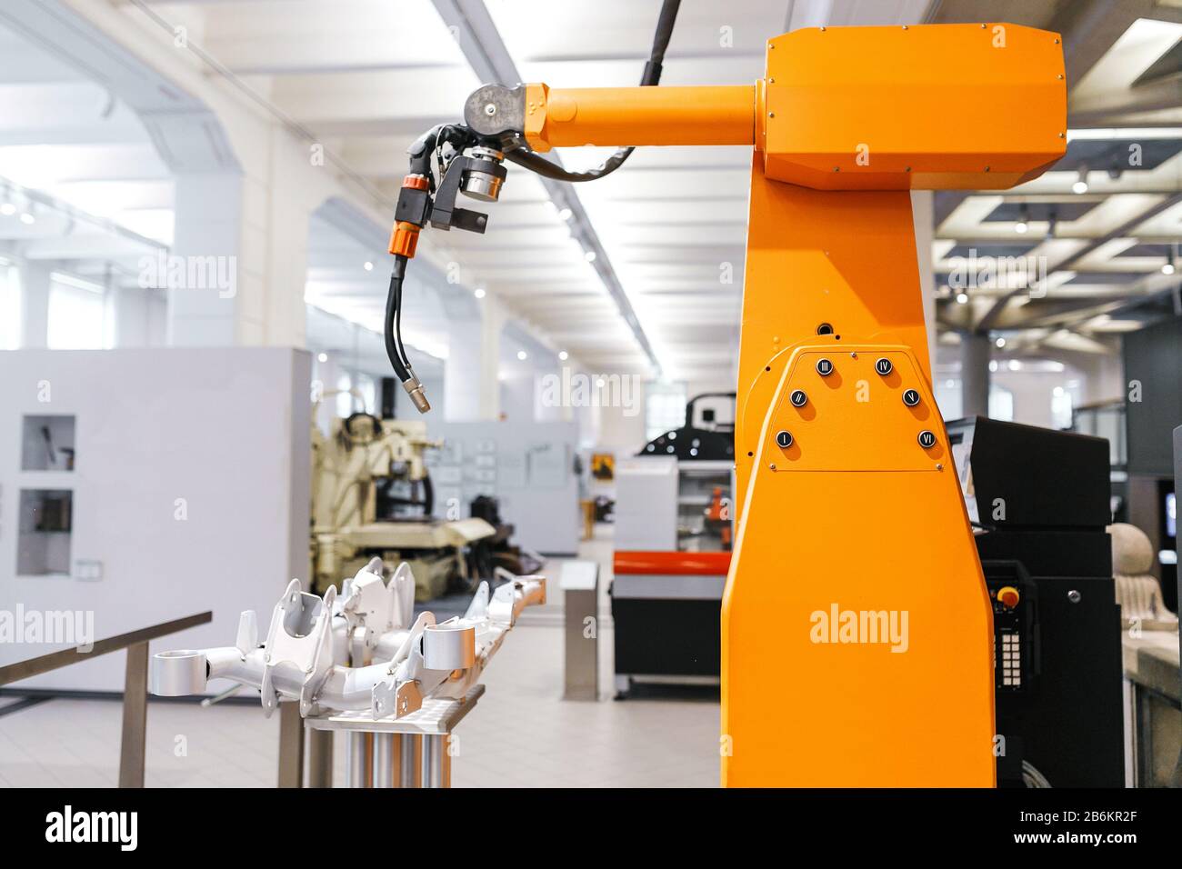 Automated robotic arm for welding on modern equipment factories Stock ...