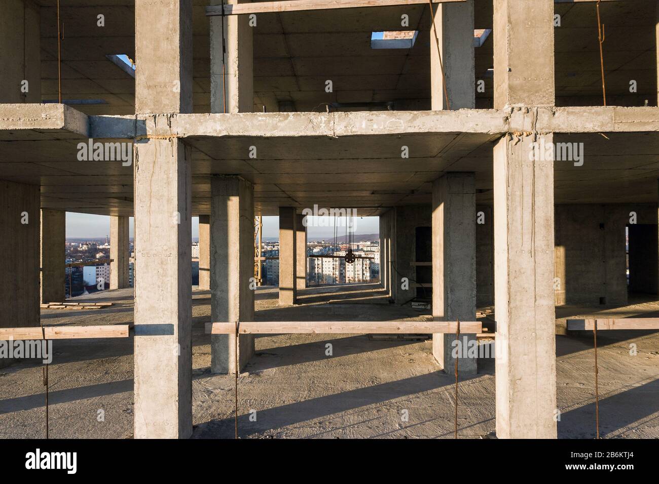 Interior of a concrete residential apartment building room with ...