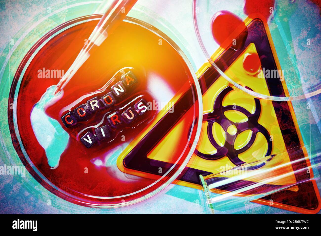 Biohazard sign, petri dish and test tube, coronavirus outbreak Stock ...
