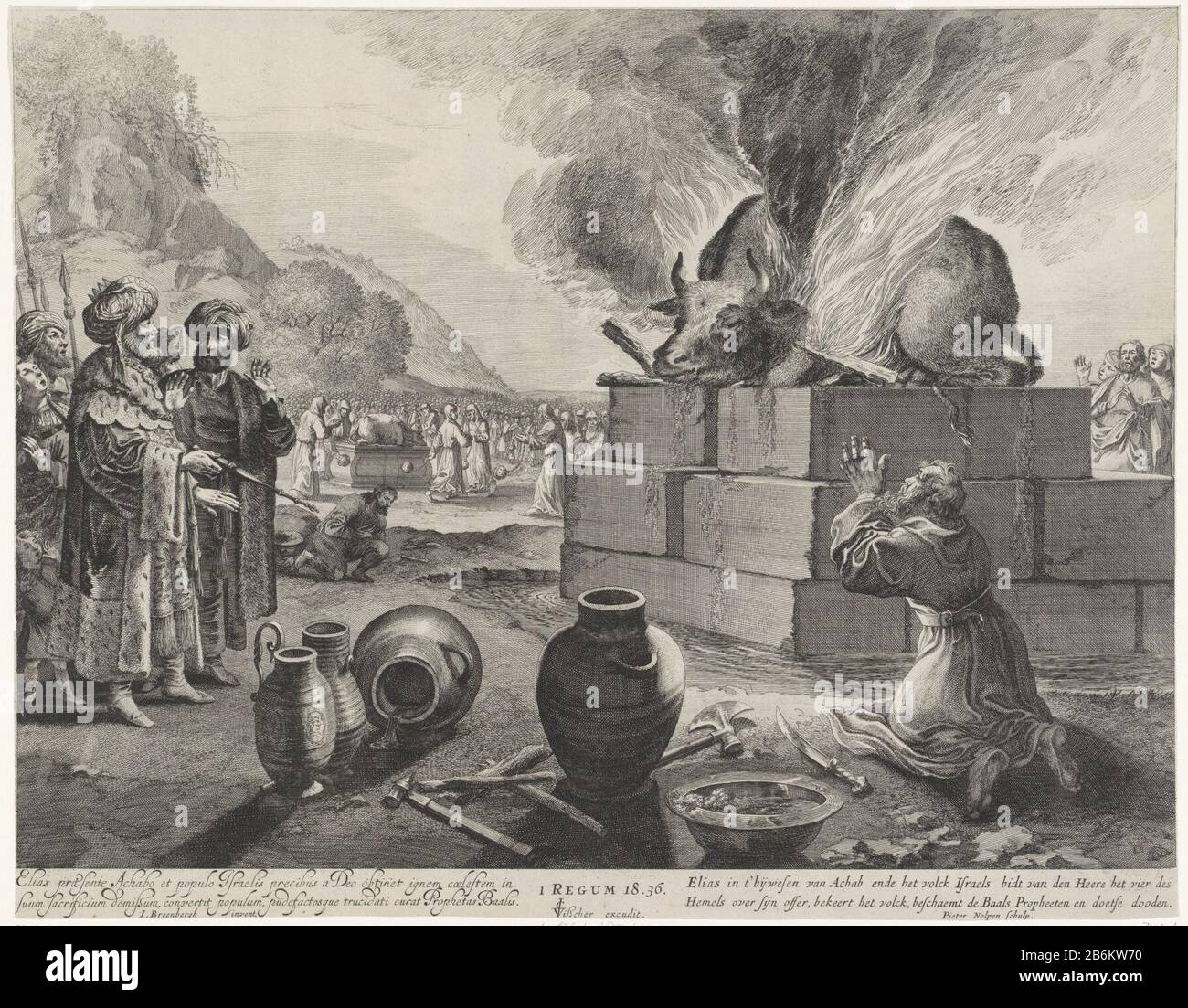 the prophet Elijah kneels before the altar that he has doused with ...