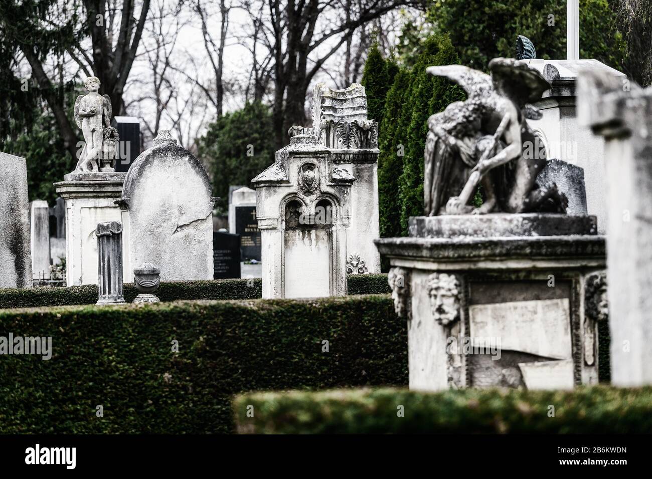Old Vienna Austrian cemetery architecture with statues and marble ...