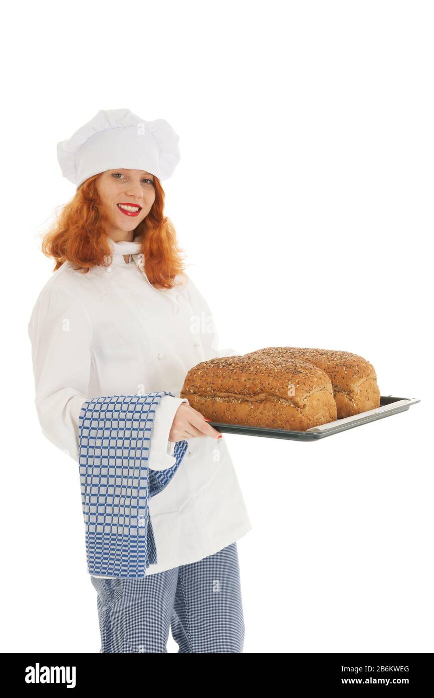 Woman in bakery baking bread isolated over white background Stock Photo ...