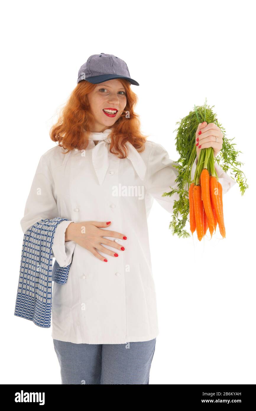 Female cook chef with red hair and baked bread isolated over white ...