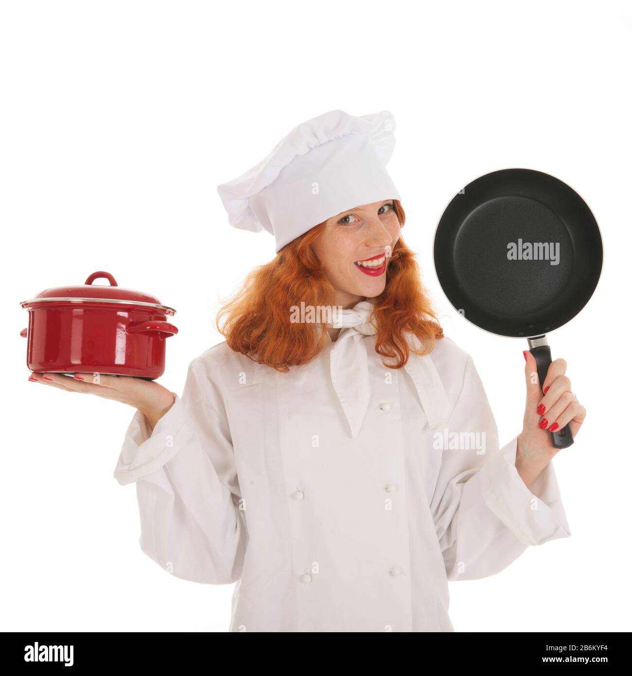 Female cook chef with red hair and pots and pans isolated over white ...