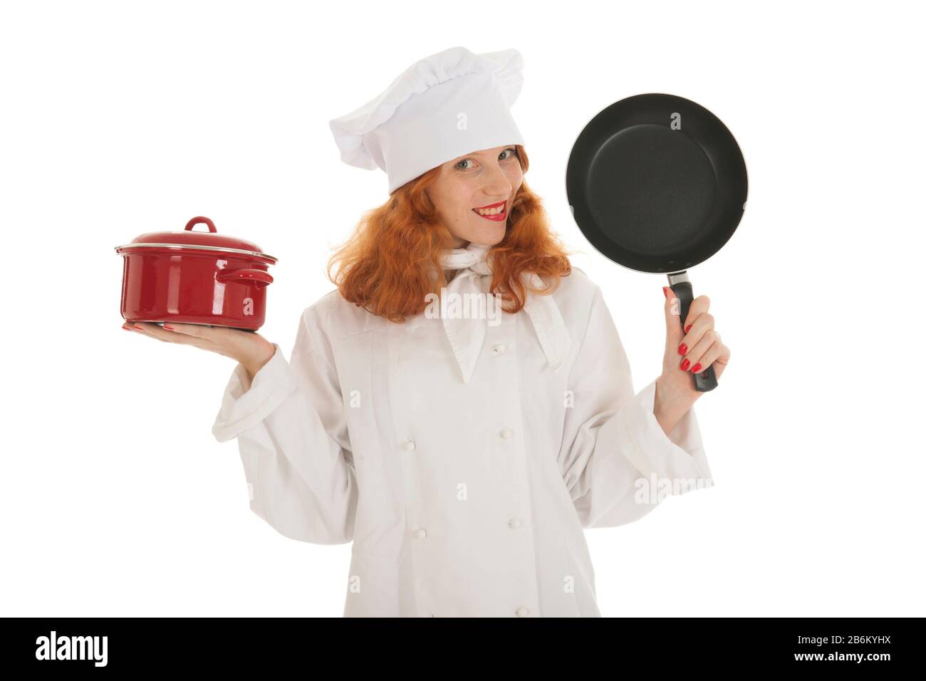Female cook chef with red hair and pots and pans isolated over white ...