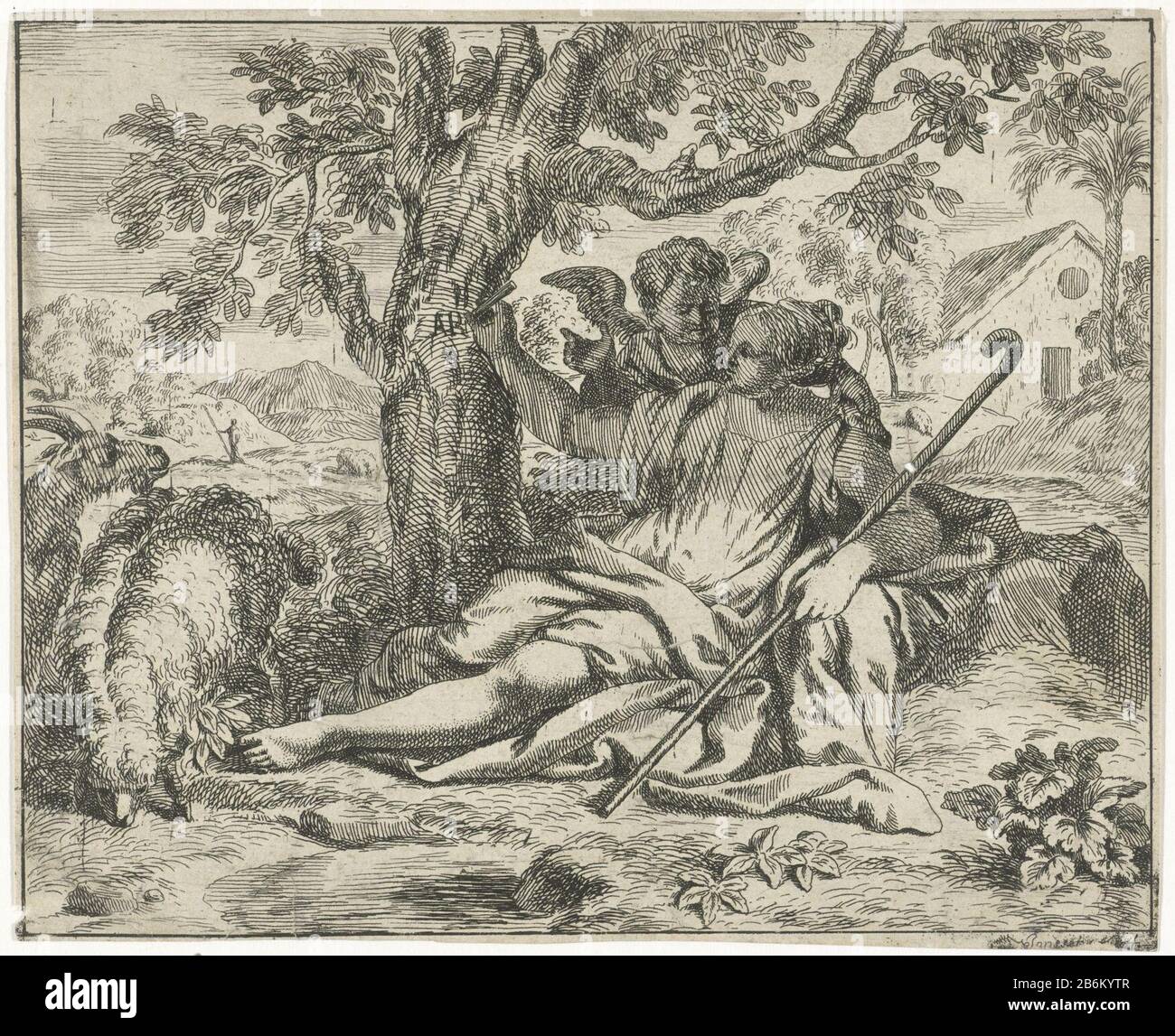Engel verschijnt aan Hagar Landscape with Hager, lying at the foot of a ...