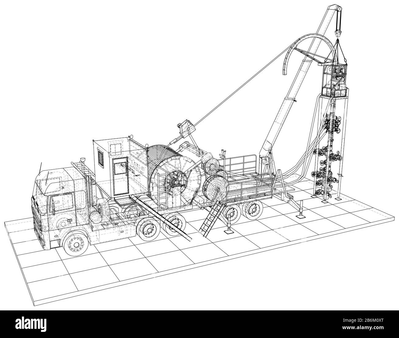 Oilfield coiled tubing equipment. Coiled tubing reel on a trailer. The ...