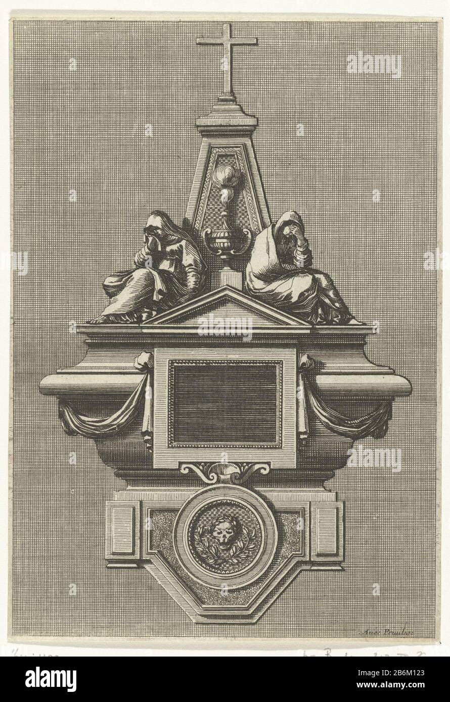 Epitaaf in de vorm van doodskist On the chest are two weeping women ...