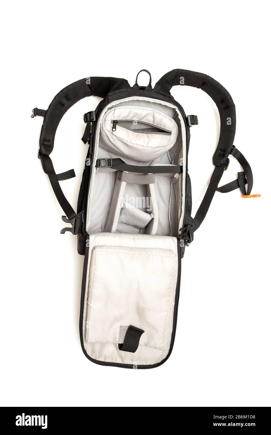 Open backpack of photographer isolated on white Stock Photo - Alamy