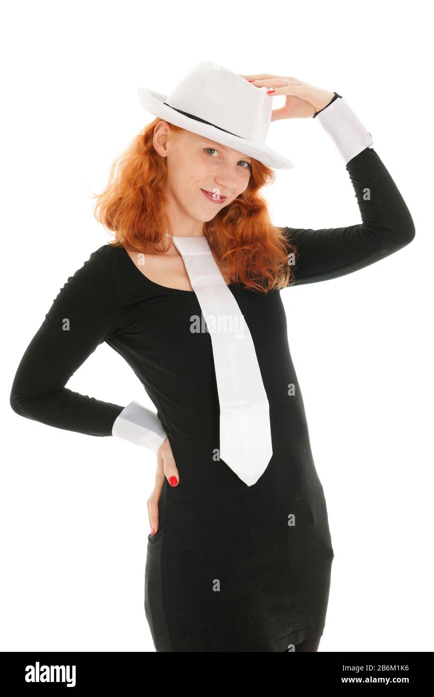 Woman as dandy with hat and neck tie isolated over white background ...
