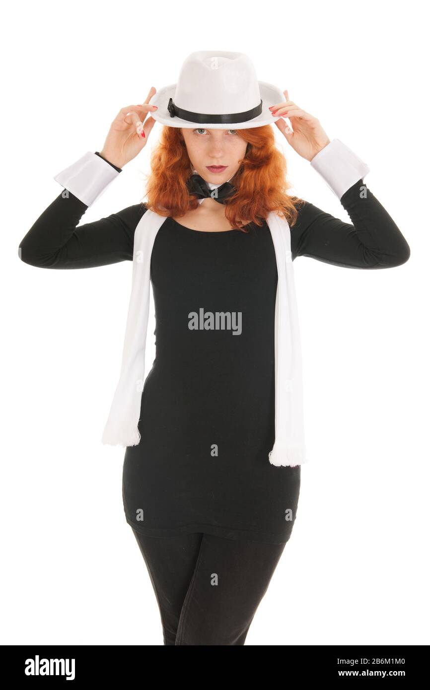 Woman as dandy with hat and other accessories isolated over white ...