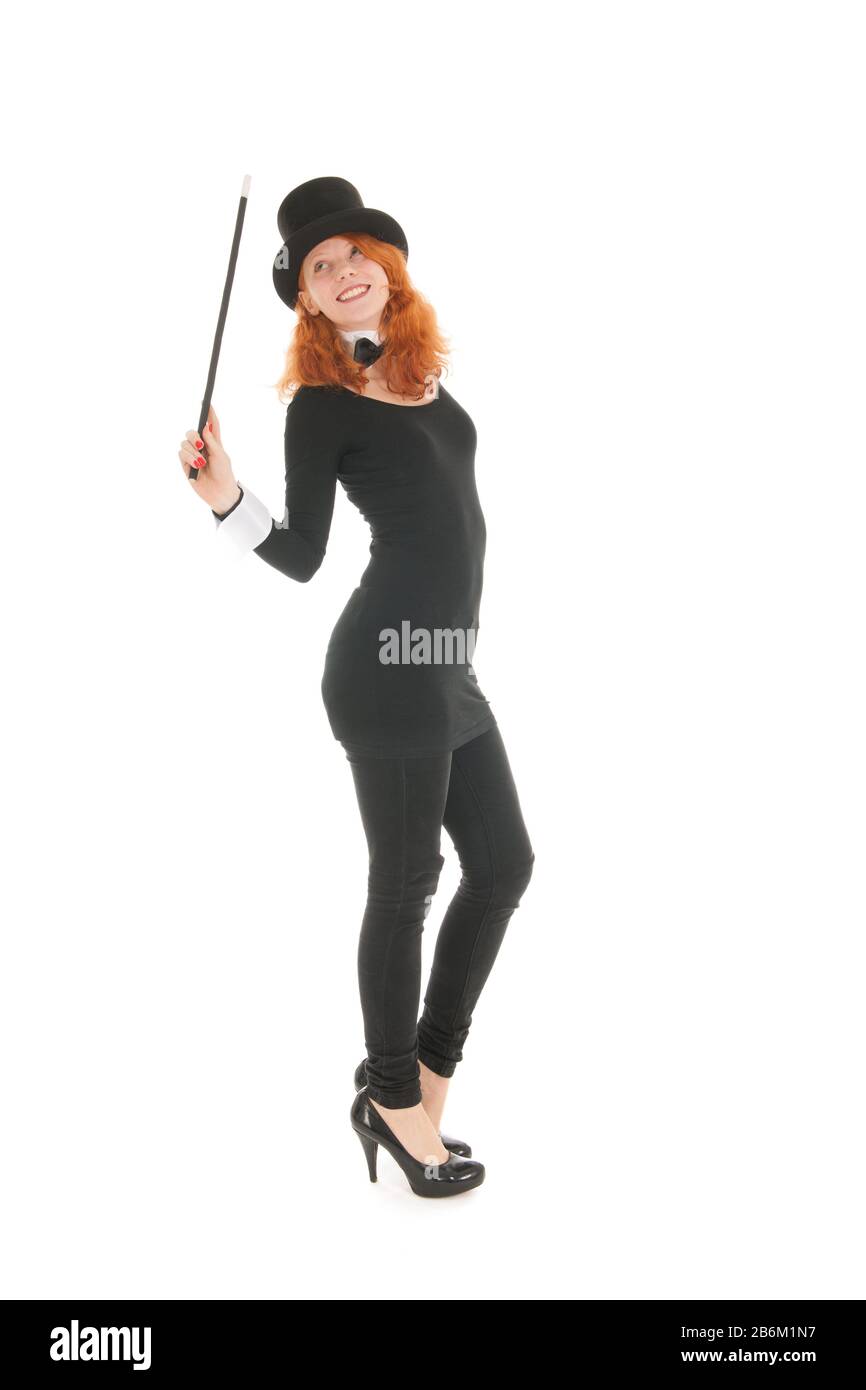 Woman as dandy with black hat isolated over white background Stock ...