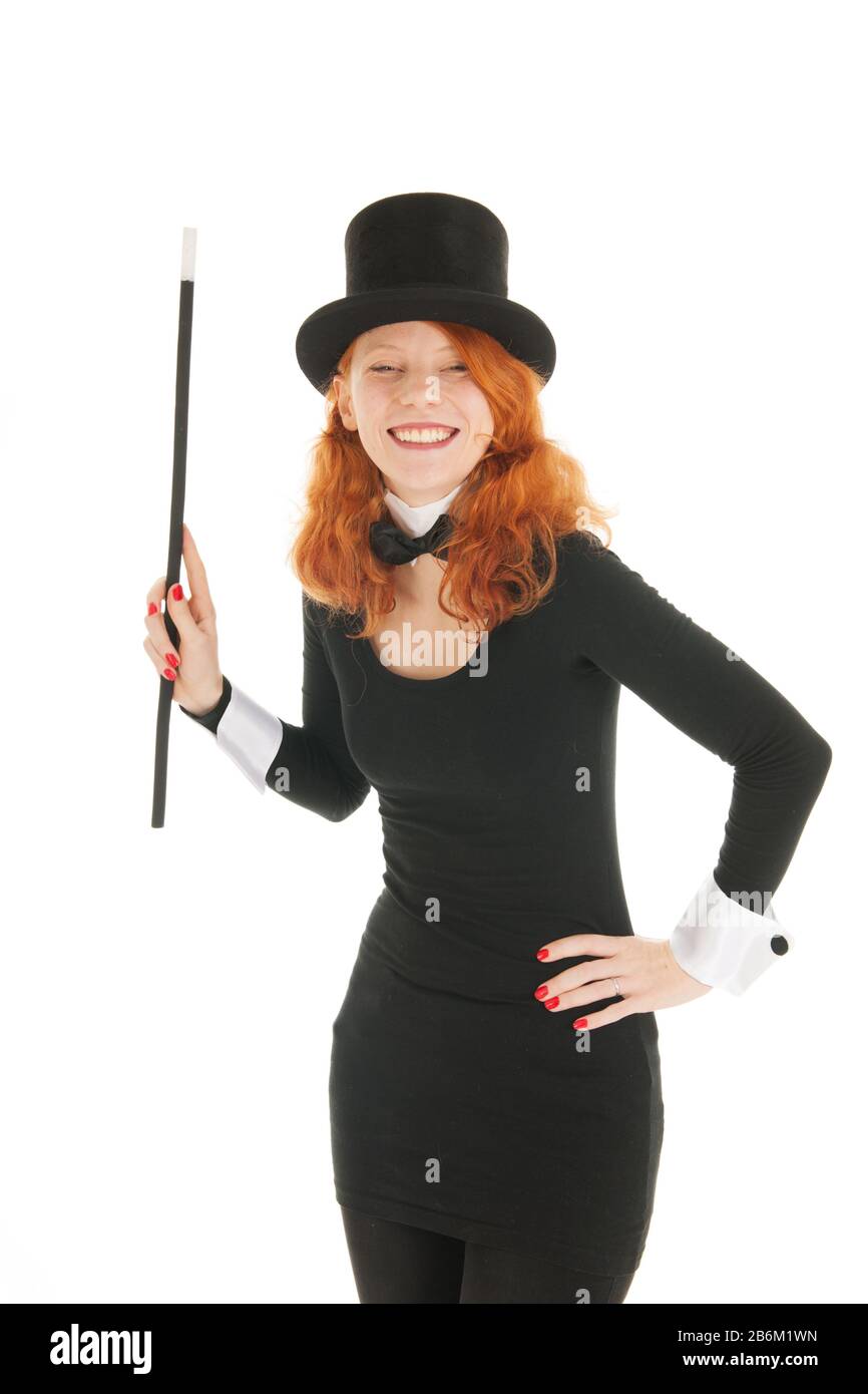 Happy smiling woman as dandy with black hat and stick isolated over ...