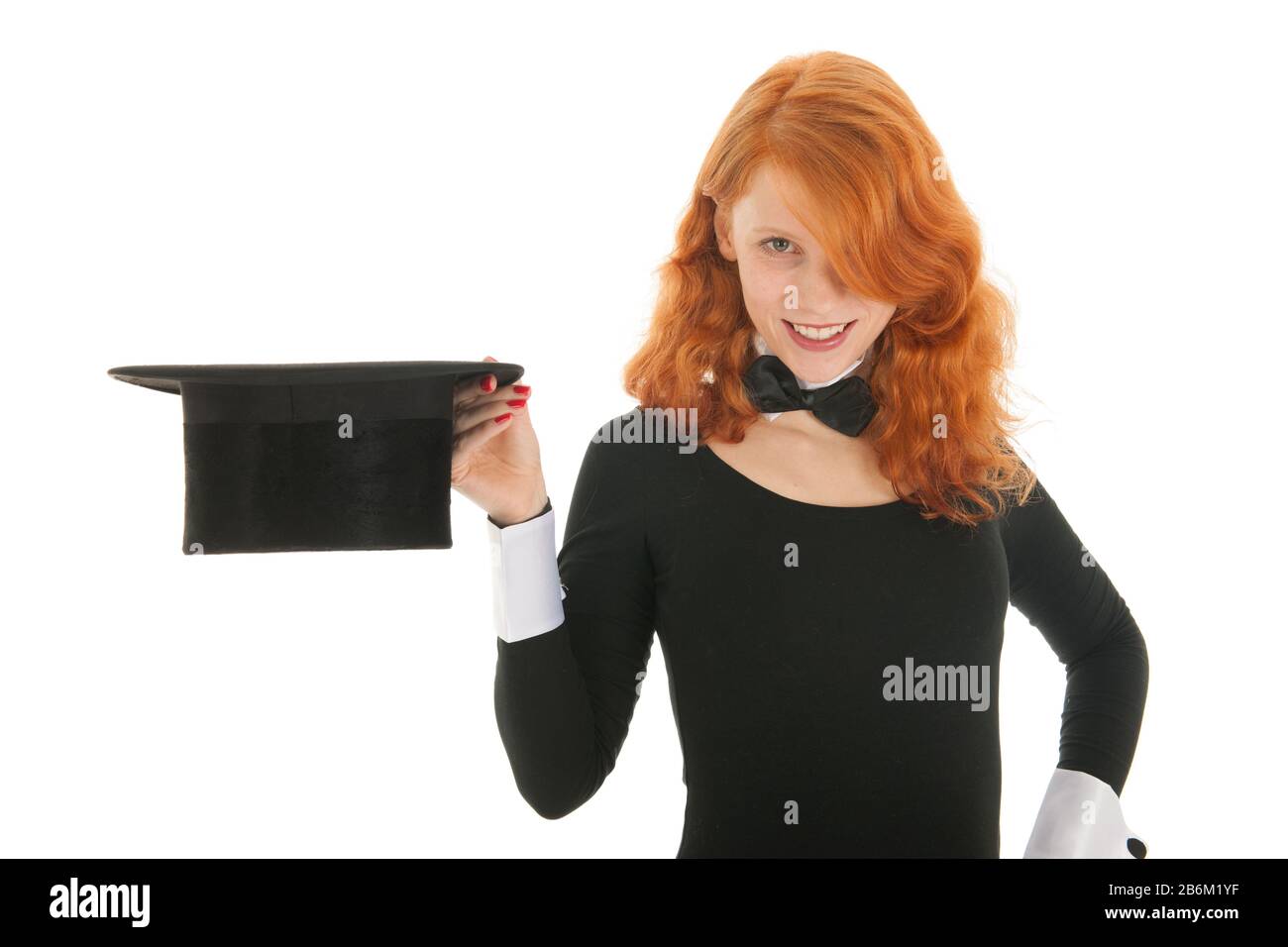 Woman as dandy with silk black isolated over white background Stock ...