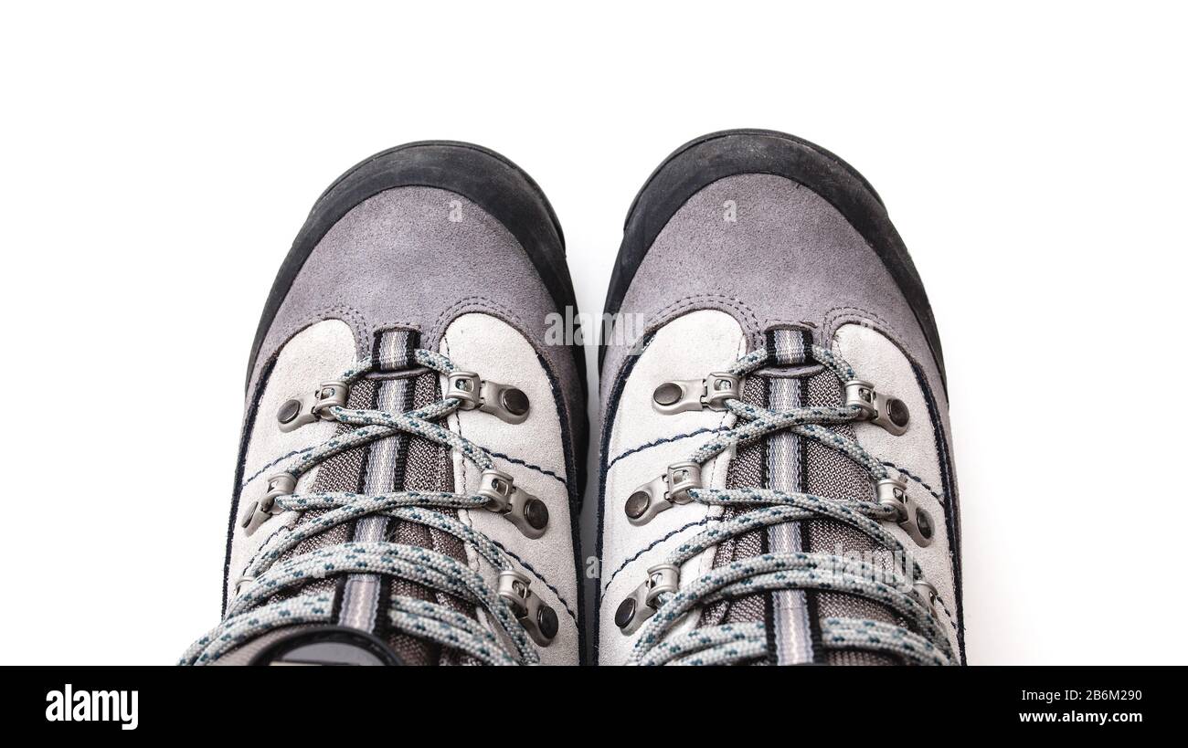 trekking boots top view isolated Stock Photo - Alamy