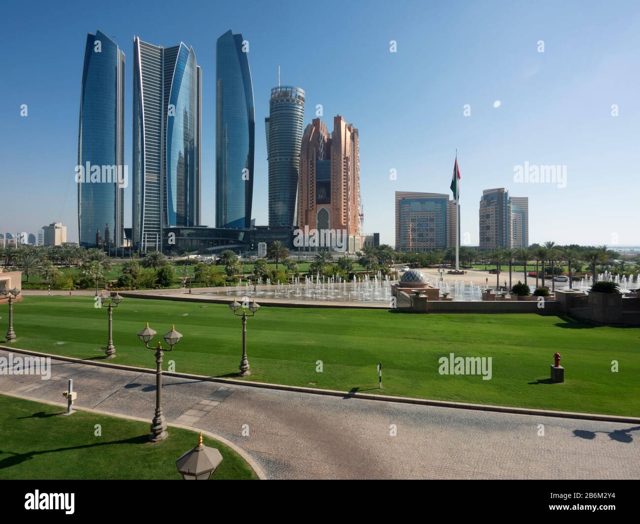 Etihad Towers and other tall buildings on Corniche Road seen from upper ...