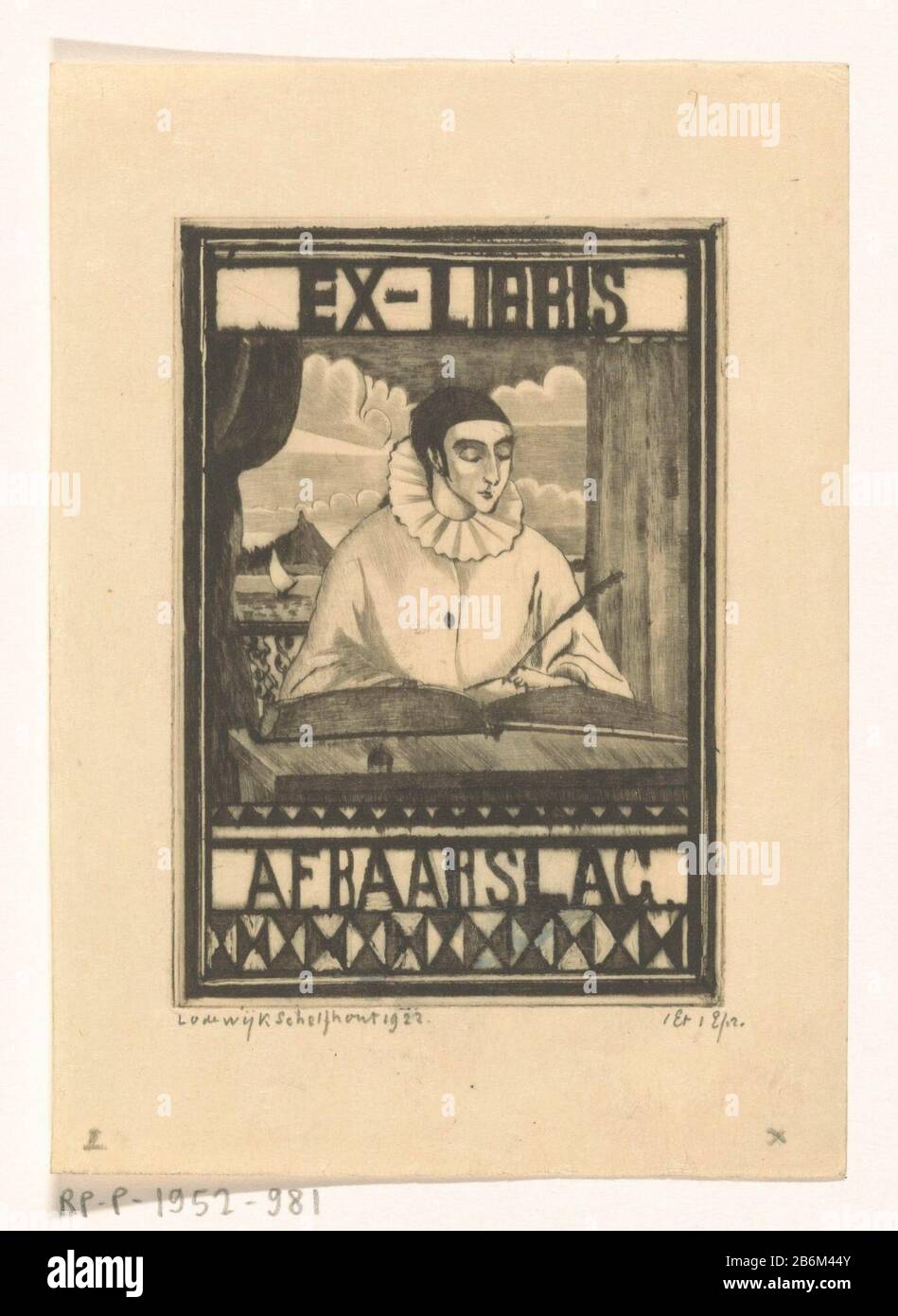 Ex Libris van AF Baarslag a pierrot writes with a feather in a book. In ...
