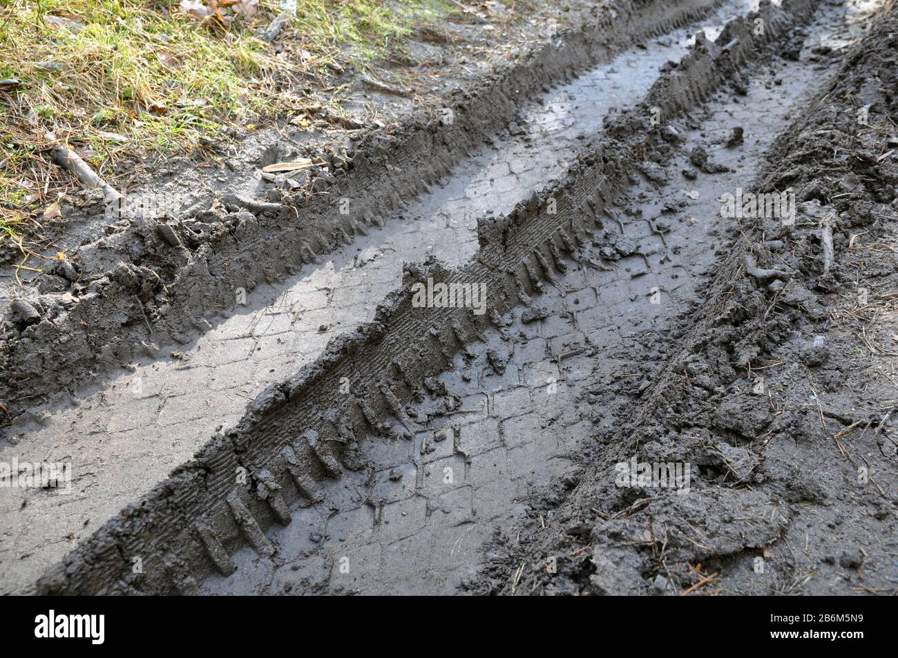 Traces of the tread of a truck tire on the ground, dirt. Track. Off ...