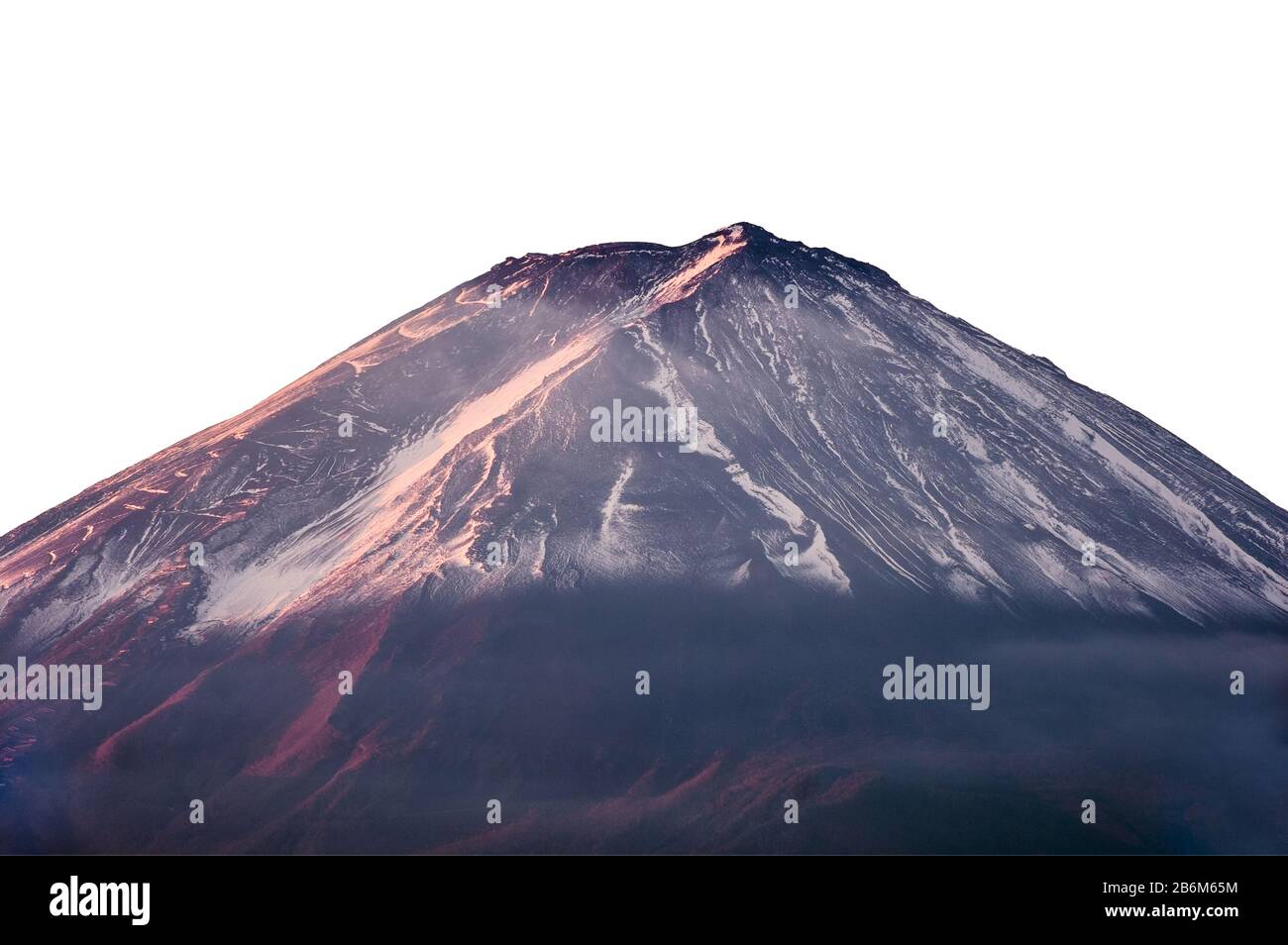 Close-up Mount Fuji with snow covered and sunlight on white background ...