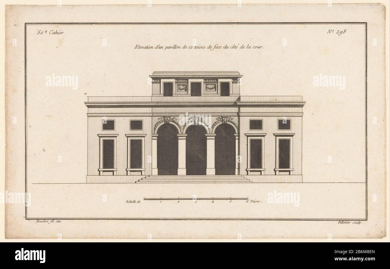 a facade of a pavilion with three arches and a staircase. Print Nummer ...