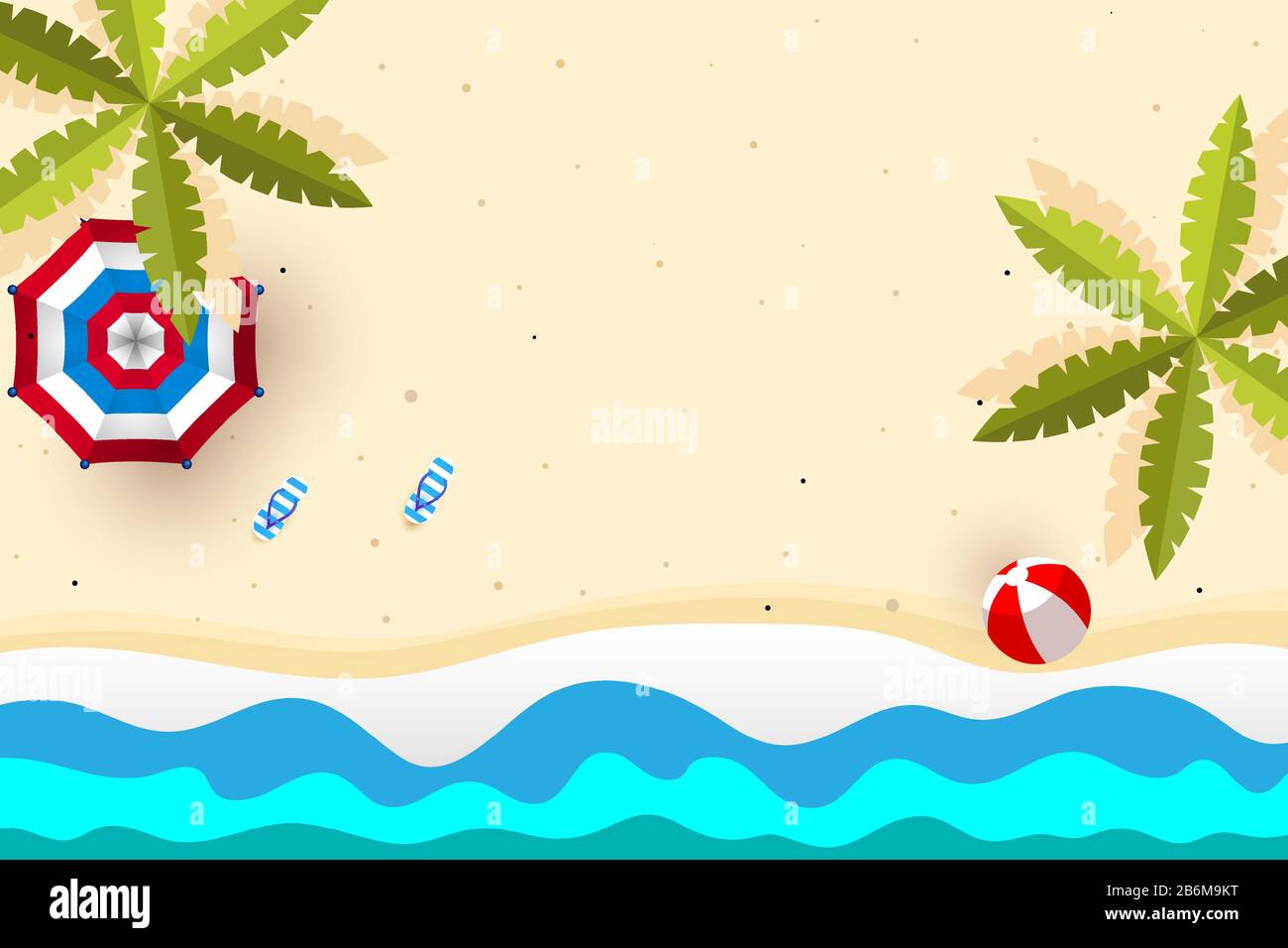 Summer holidays concept, summer time background. Top view on palm tree leaves, umbrella, flip ...